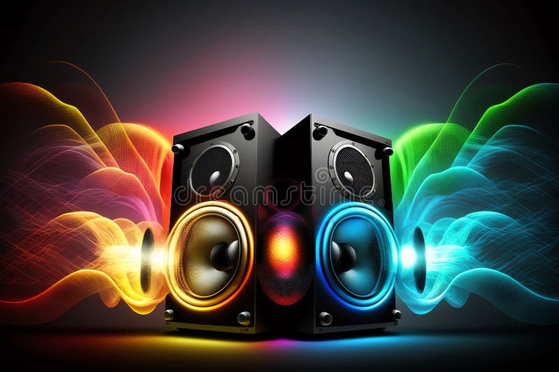 Play Music Stereo System Concept. Big Loudspeakers Playing Multicolor ...