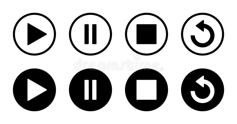 Play, Pause, Stop, and Repeat Icon on Black Circle Stock Vector ...