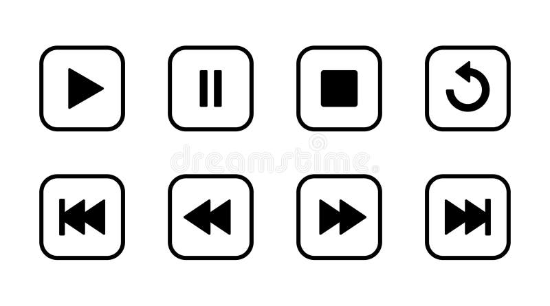 Play, Pause, Stop, Repeat, Previous and Next Button Icon on Square Line ...