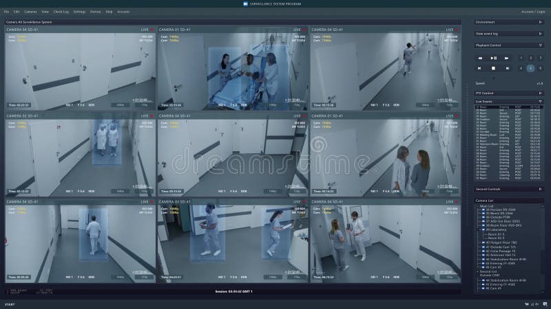 Playback CCTV Cameras in Clinic Corridor on Computer Screen Stock Video ...