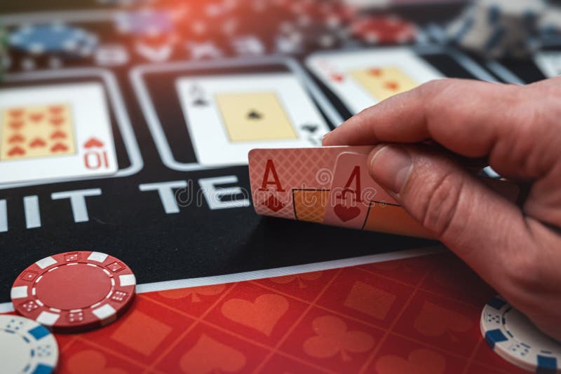 Player is Holding Two Ace Cards - Win Combination at Poker Stock Image ...