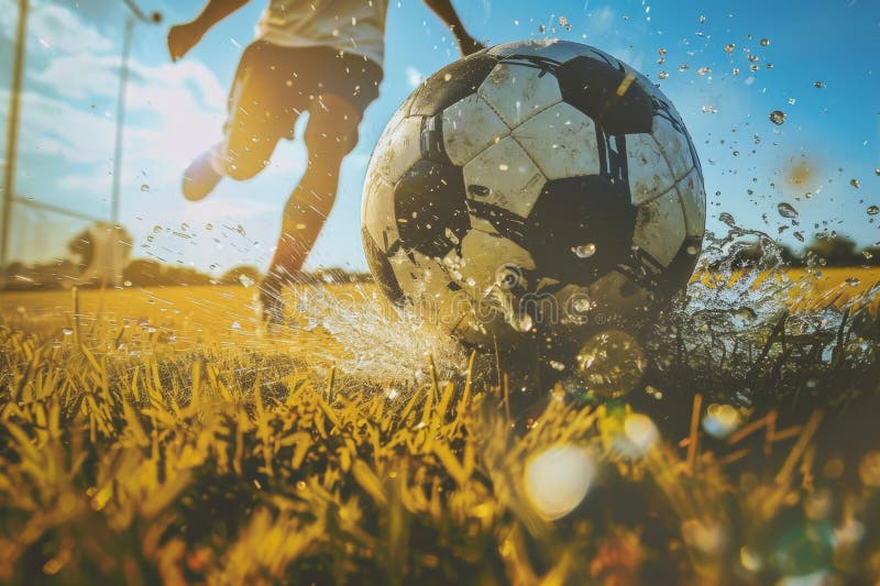 Player in Motion As Soccer Ball Makes a Splash on the Grass Field Stock ...