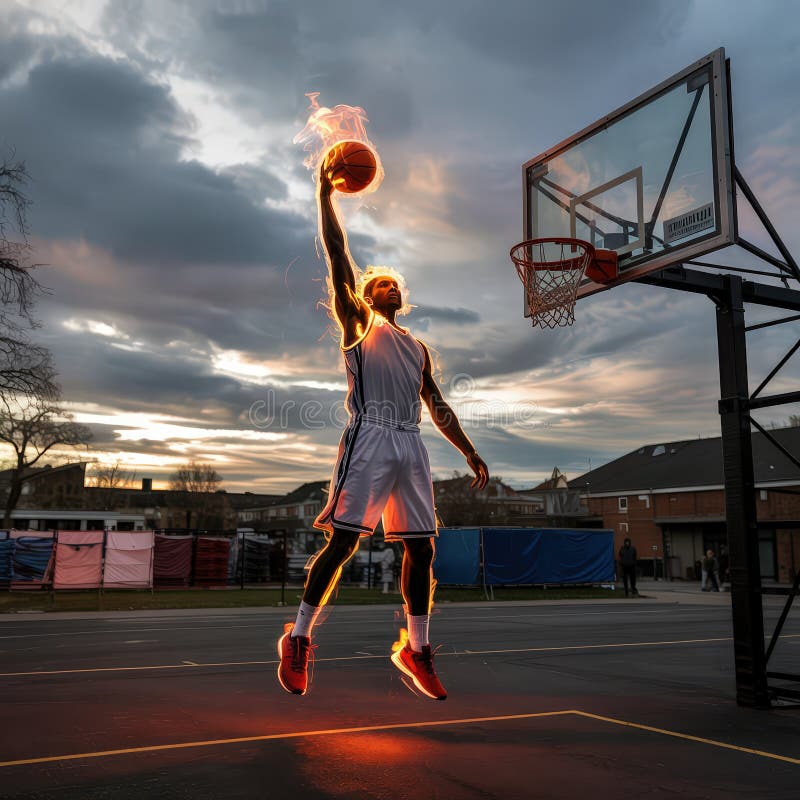 Player Performs an Impressive Slam Dunk at Sunset during a Casual ...