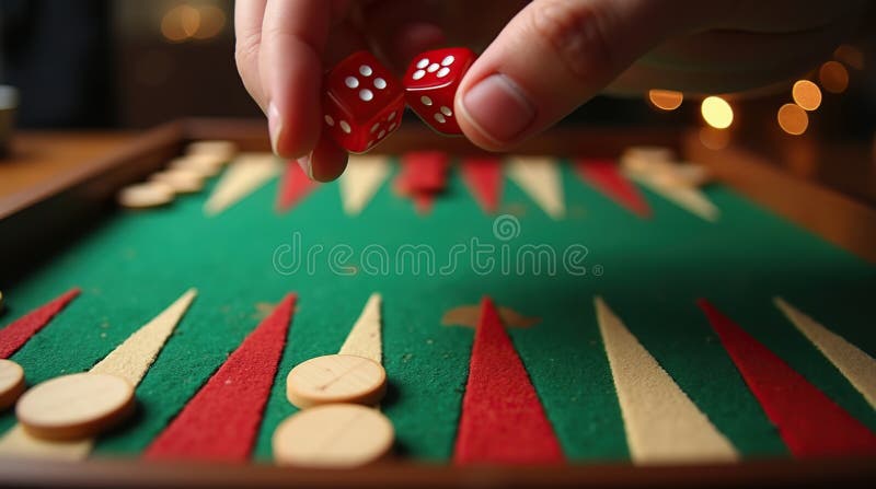 Player Rolling Red Dice on a Traditional Backgammon Board Game Stock ...