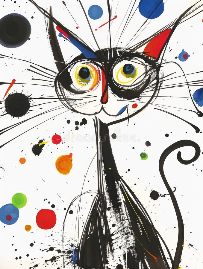 Playful Abstract Cat Illustration with Bold Colors and Dynamic Splatter ...