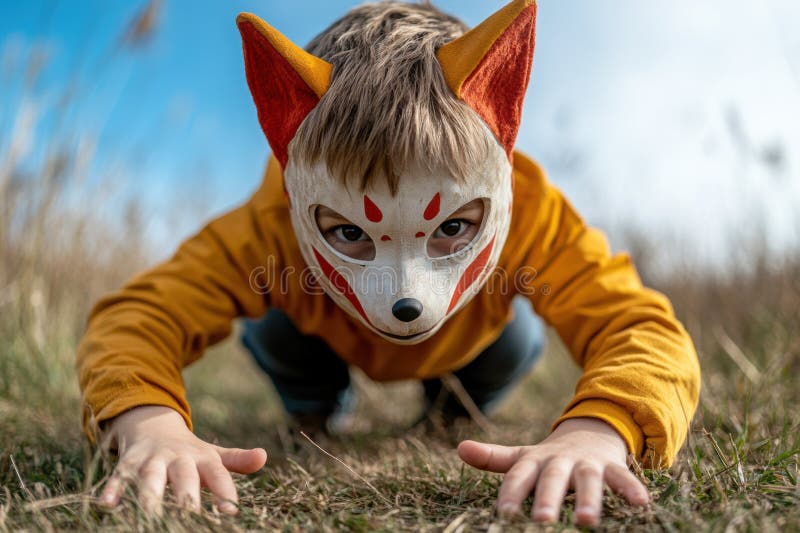 Playful Adventure: Young Boy Exploring in Fox Mask Outdoors Stock Image ...