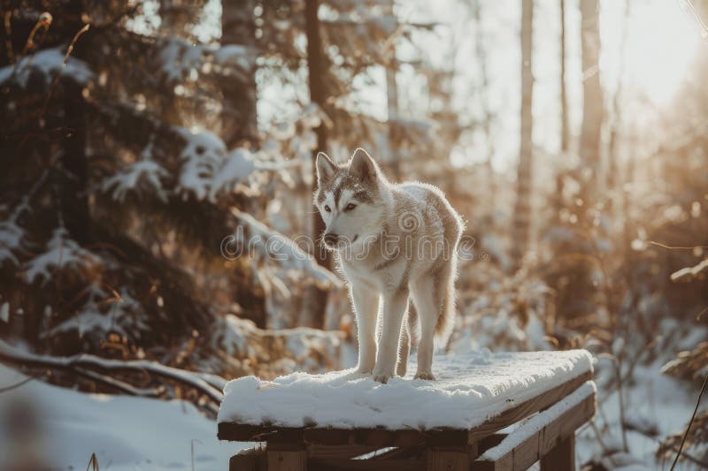 A Playful Alaskan Husky Stands Confidently on a Snow-covered Structure ...