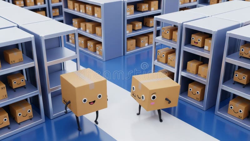 Playful Animated Boxes in a Warehouse Setting with Friendly Expressions ...