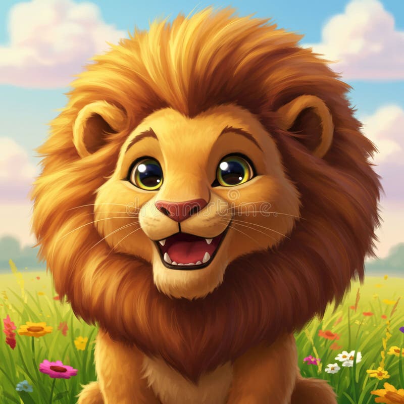 Playful Animated Lion with a Large, Fluffy Mane and Wide, Sparkling ...