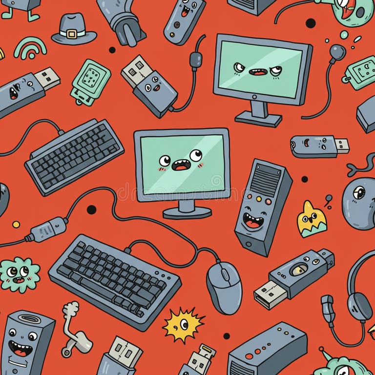 Playful, Animated Pattern Featuring Computer-related Objects with ...