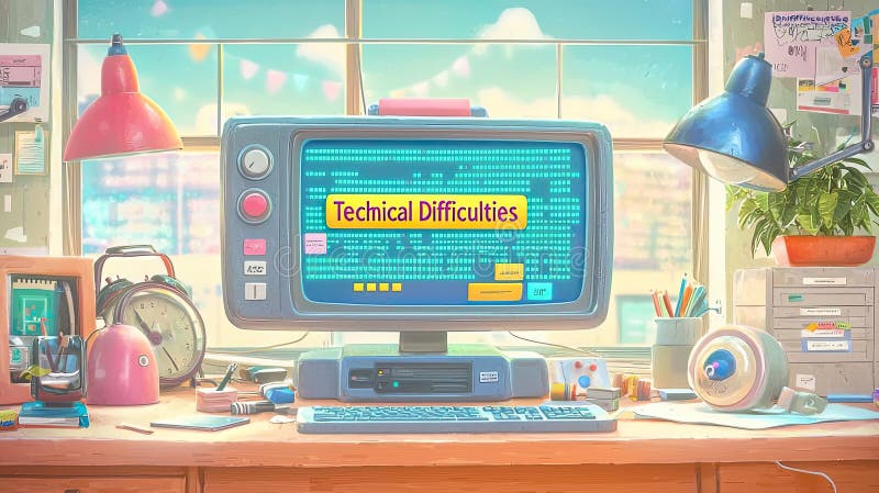 A Playful, Animated Technical Difficulties Screen with Cartoon-style ...