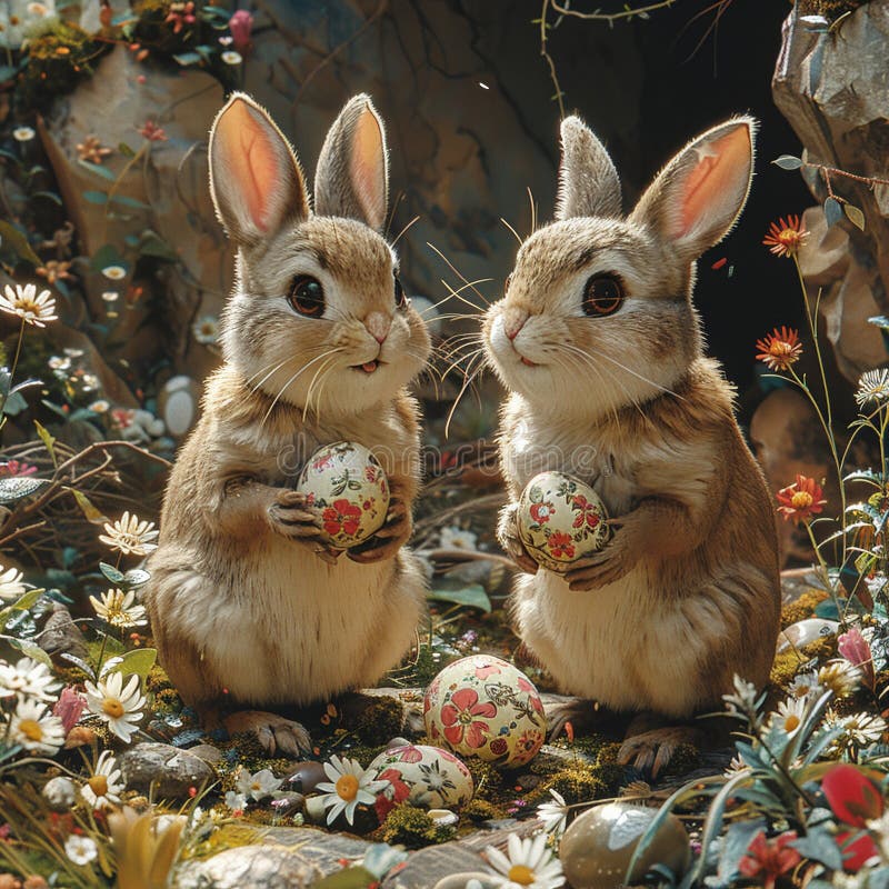 Playful Animation Cel of Rabbits Hiding Easter Eggs in Blooming Spring ...