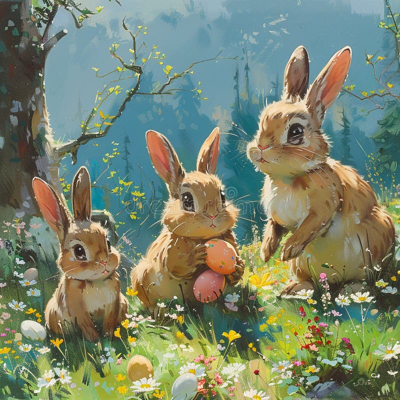Playful Animation Cel of Rabbits Hiding Easter Eggs in Blooming Spring ...