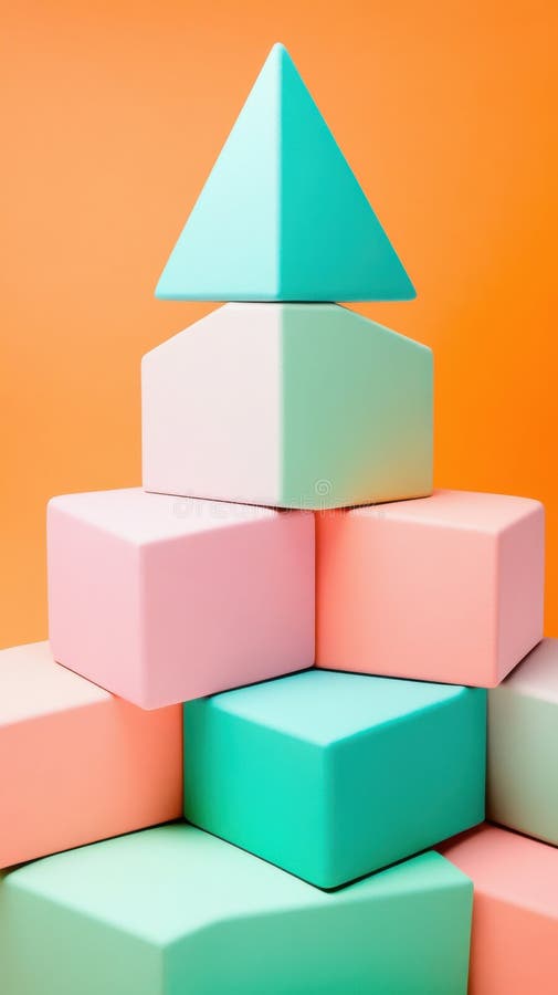 Colorful Geometric Blocks Stacked Against a Vibrant Orange Background ...