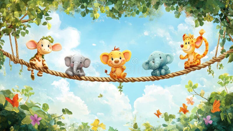 A Whimsical Gathering of Joyful Forest Animals on a Rope Bridge Against ...