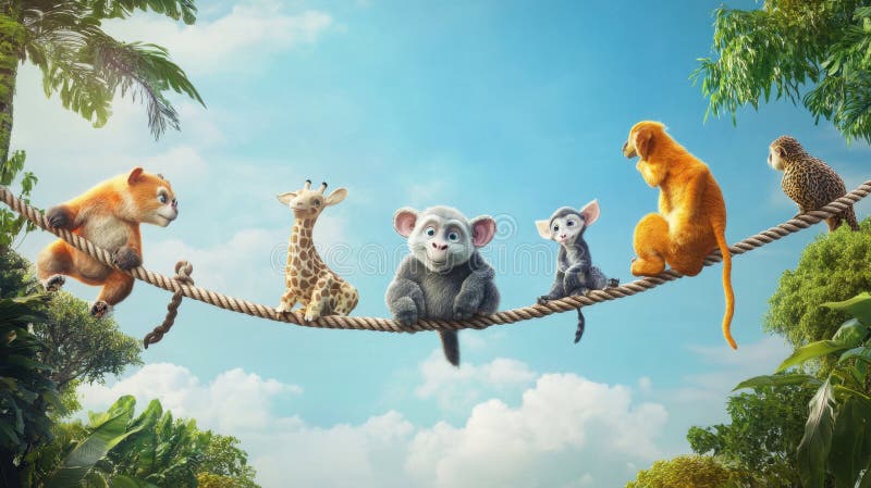 A Whimsical Gathering of Joyful Forest Animals on a Rope Bridge Against ...