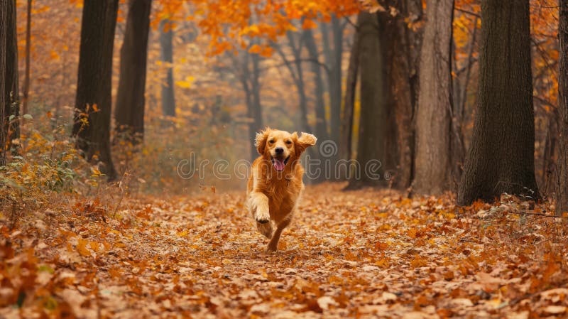 Playful Autumn Scene with a Dog Bounding Ahead on a Leaf-covered Forest ...