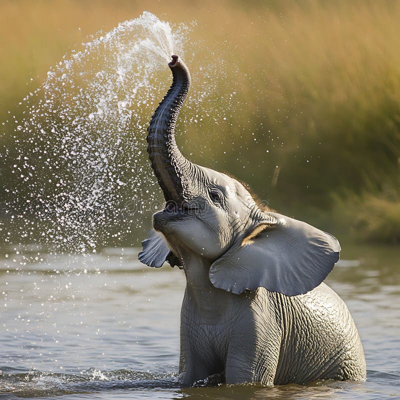 Playful Baby Elephant Spraying Water Its Trunk Stock Photos - Free ...