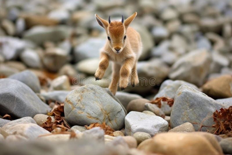 Playful Baby Goat Hopping on Small Stones Stock Illustration ...