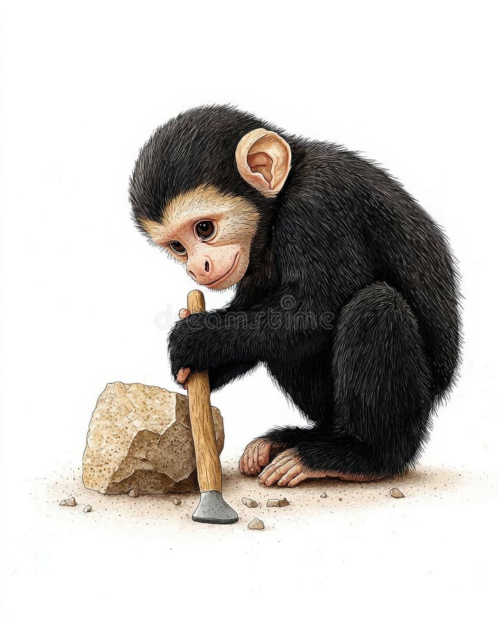 A Playful Baby Monkey Skillfully Using a Tool To Chip at a Stone ...