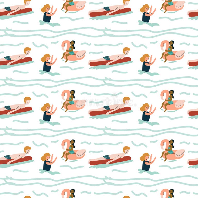Playful Beach Pattern with Diverse Characters Relaxing on Floaties in ...