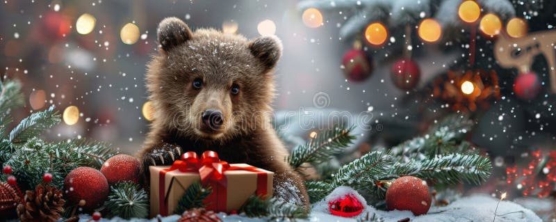 A Playful Bear Cub with a Christmas Gift Box, Surrounded by Festive ...