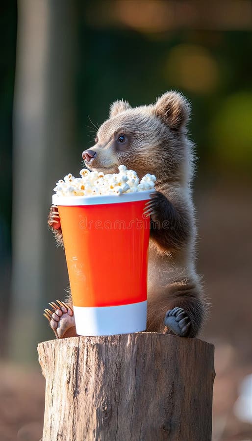 A Playful Bear Cub Enjoying Popcorn from a Large Cup while Sitting on a ...