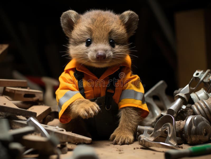 Tiny Bear Cub in Worker Outfit with Tools Stock Illustration ...