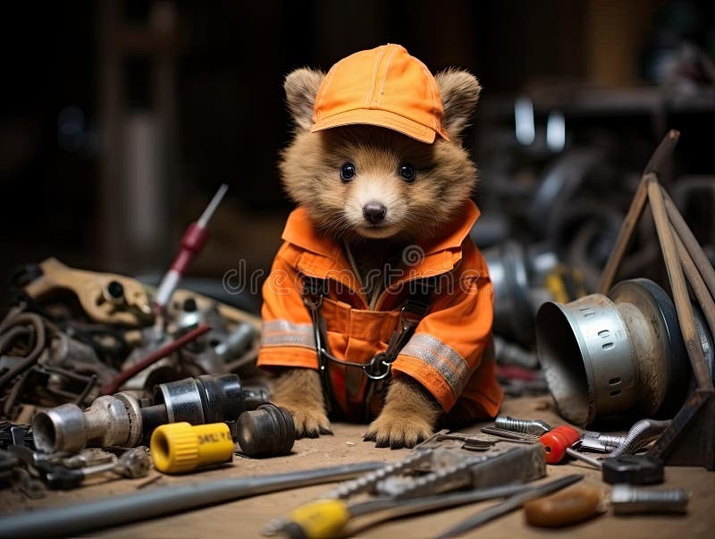 Tiny Bear Cub in Worker Outfit with Tools Stock Illustration ...