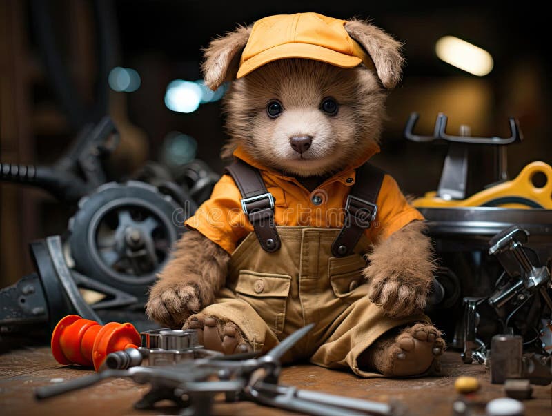 Tiny Bear Cub in Worker Outfit with Tools Stock Image - Image of ...