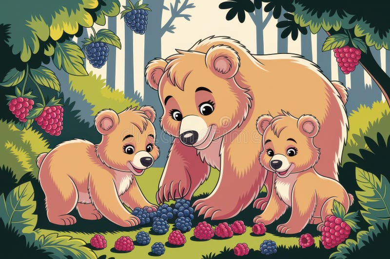 Playful Bears Gathering Berries in a Forest Cartoon Illustration Stock ...