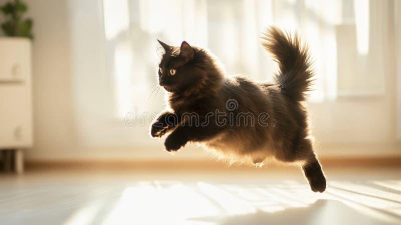 Playful Black Fluffy Cute Cat Jumping, Dynamic Pose, Sunny Day Stock ...