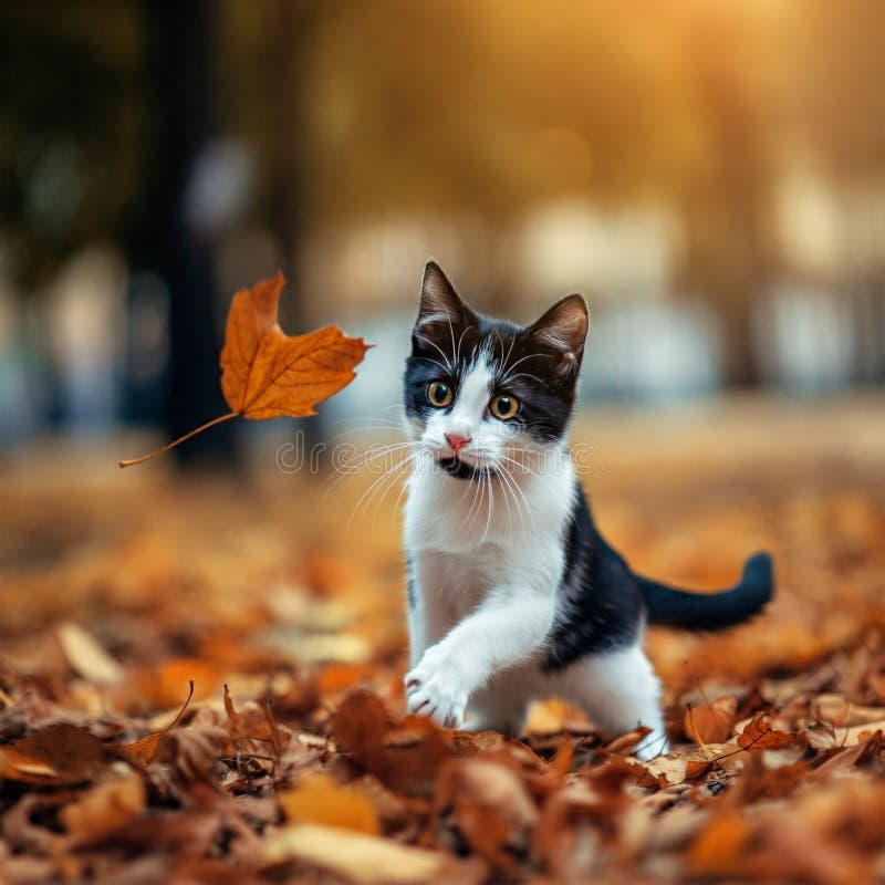 A Playful Black and White Kitten Chasing a Falling Leaf in a Park Surrounded by Autumn Foliage ...