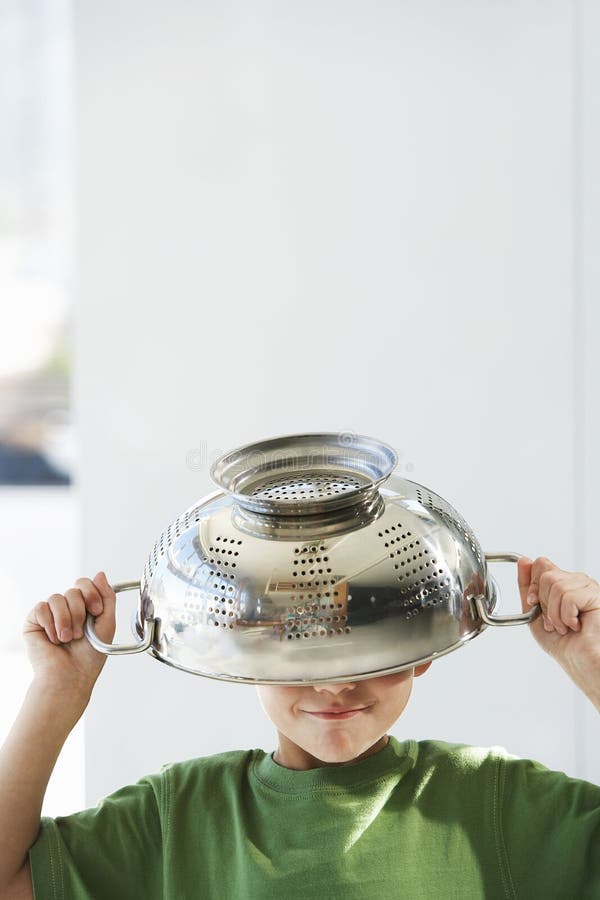 Playful Boy with Colander on Head Stock Photo - Image of happiness ...