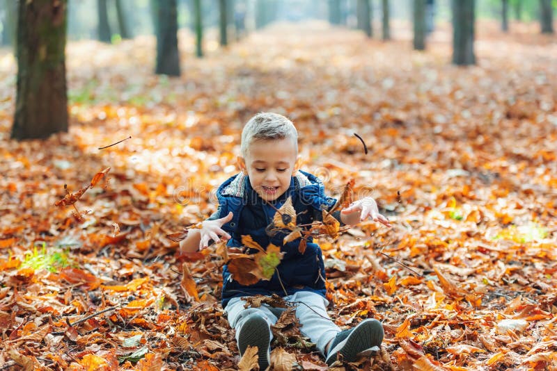 Playful Boy Throwing Up Leaves in Park Stock Image - Image of october ...