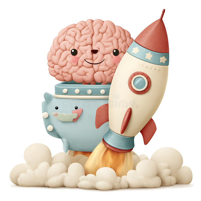 Playful Brain Character in Rocket Launching from Clouds Pastel Colors ...