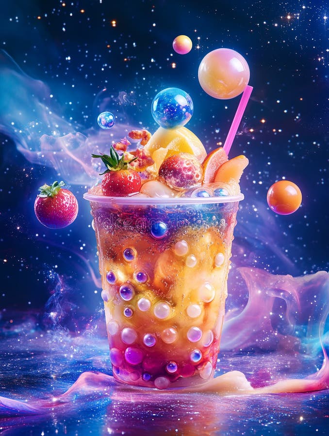 Playful Bubble Tea Cup with Vibrant Fruit and Colorful Bubbles in a ...