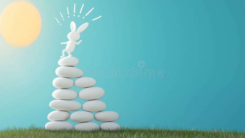 Playful Bunny Climbing Stack of White Eggs Under Sunny Sky, Joyful ...