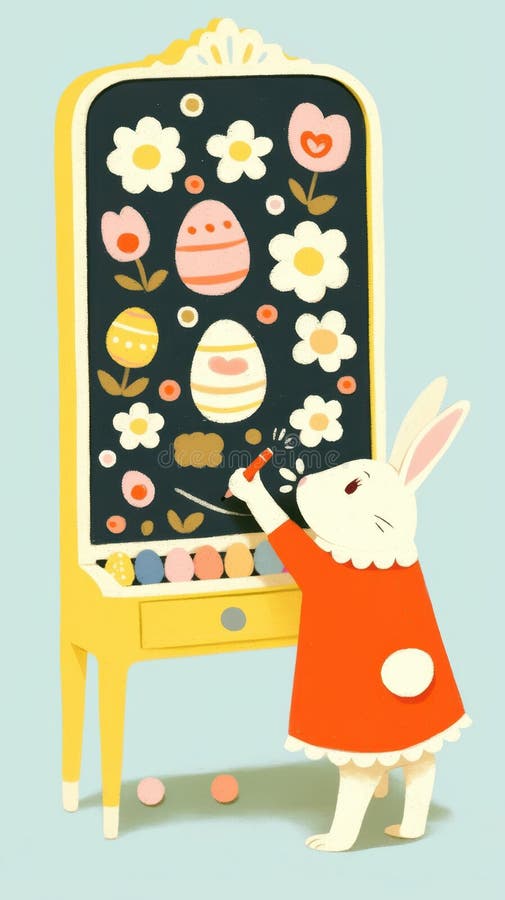 Playful Bunny Drawing Colorful Eggs and Flowers on Chalkboard Stock ...