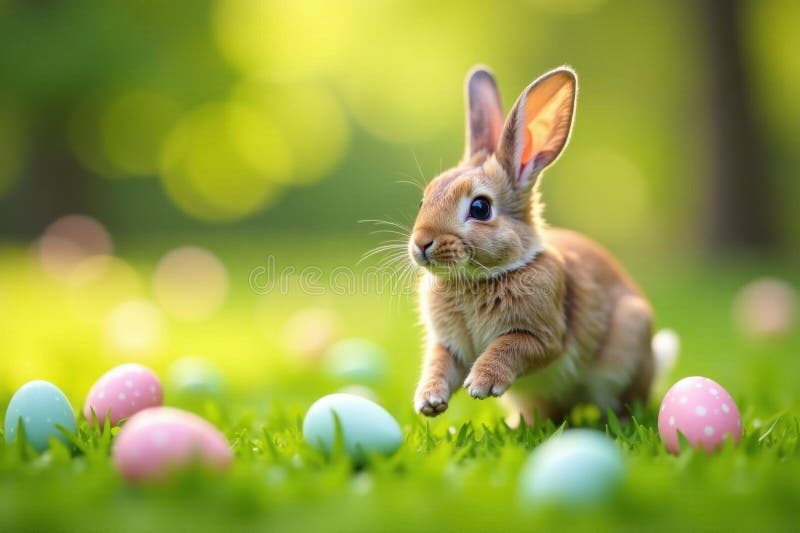 Playful Bunny Hopping through Blooming Meadow with Speckled Eggs ...