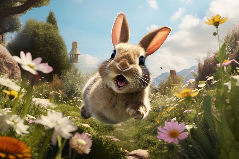 Playful Bunny Hopping through a Lush Field Stock Illustration ...
