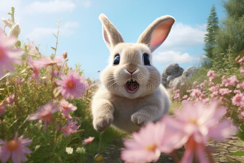 Playful Bunny Hopping through a Lush Field Stock Illustration ...