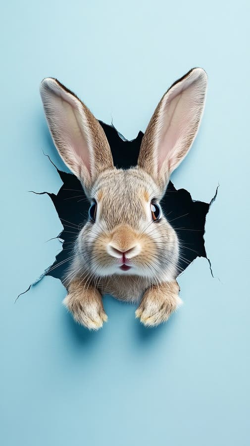 Playful Bunny Peeking from a Hole in a Blue Wall Fluffy Eared Easter ...