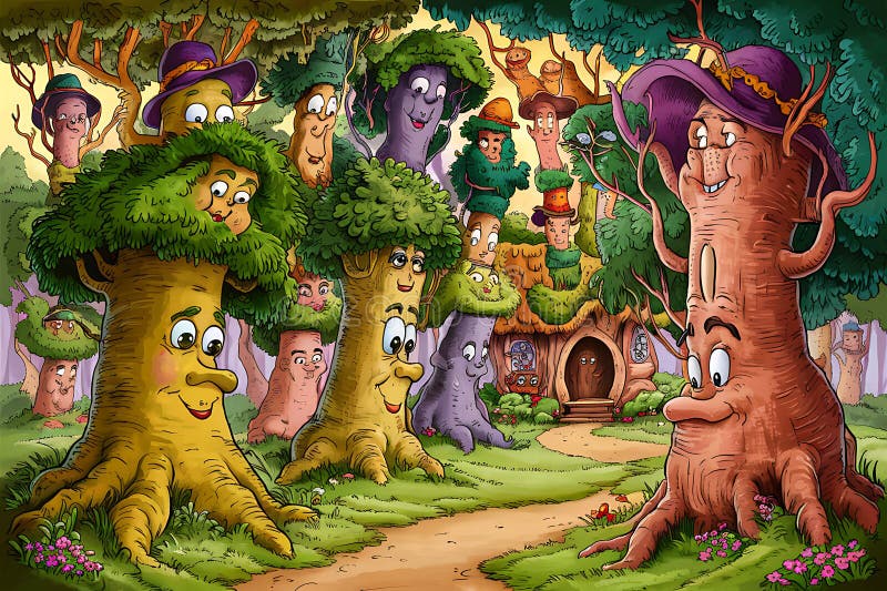 Playful Cartoon Animation of Trees with Faces Stock Illustration ...