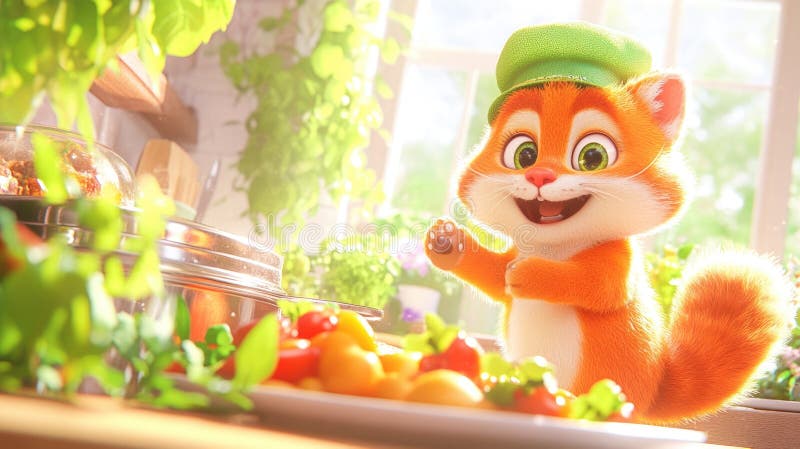 Playful Cartoon Cat in Sunlit Kitchen with Fresh Vegetables and Herbs ...
