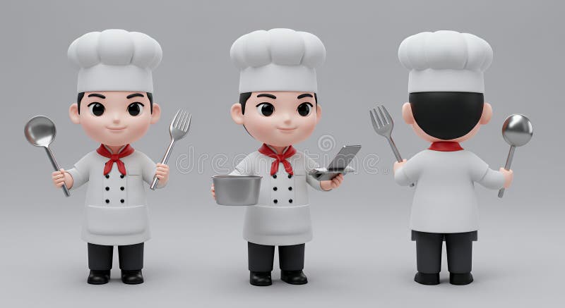 Playful Cartoon Chef Character 3D Render: Front, Side, and Back Views ...