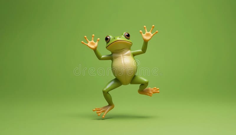 Playful Cartoon Frog Leaping Against a Solid Green Background Stock ...