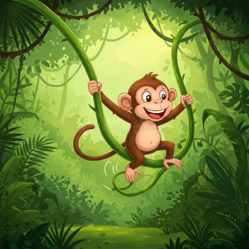 A Playful Cartoon Monkey Swings on a Vine in a Vibrant Jungle Setting. Stock Illustration ...