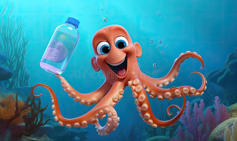 A Playful Cartoon Octopus with a Refreshing Bottle of Water Stock ...