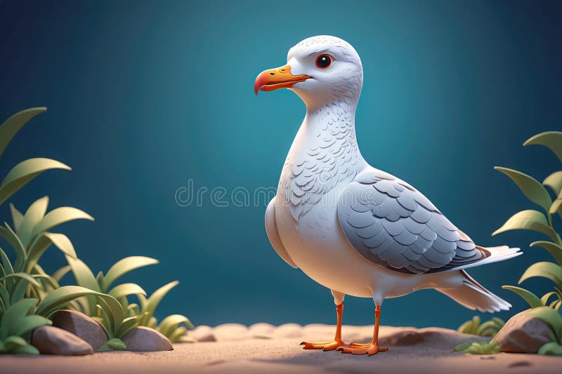 Playful Cartoon Seagull Standing on Sandy Beach Surrounded by Greenery ...